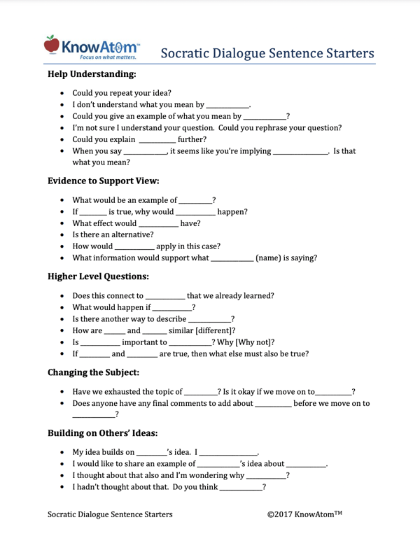 Free Socratic Dialogue Sentence Starters