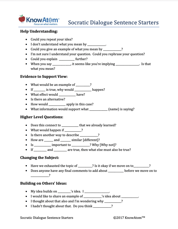 Free Socratic Dialogue Sentence Starters
